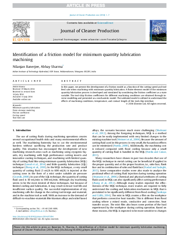 (PDF) Identification of a friction model for minimum quantity lubrication machining