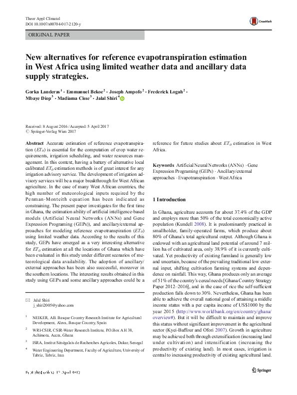 Pdf New Alternatives For Reference Evapotranspiration Estimation In West Africa Using Limited