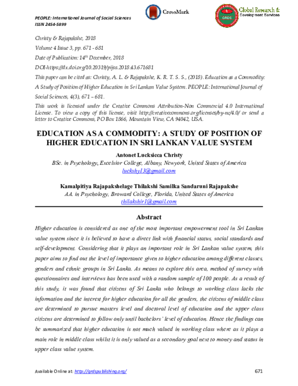 (PDF) Education as a Commodity: A Study of Position of Higher Education in Sri Lankan Value System