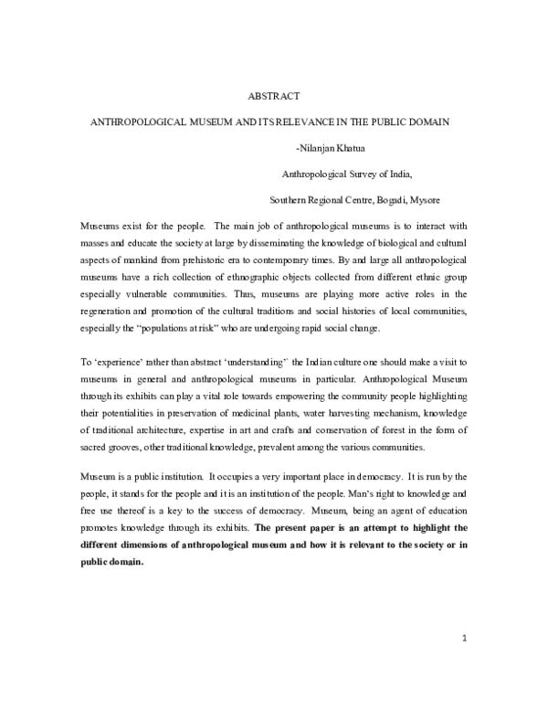 (PDF) ANTHROPOLOGICAL MUSEUM AND ITS RELEVANCE IN THE PUBLIC DOMAIN