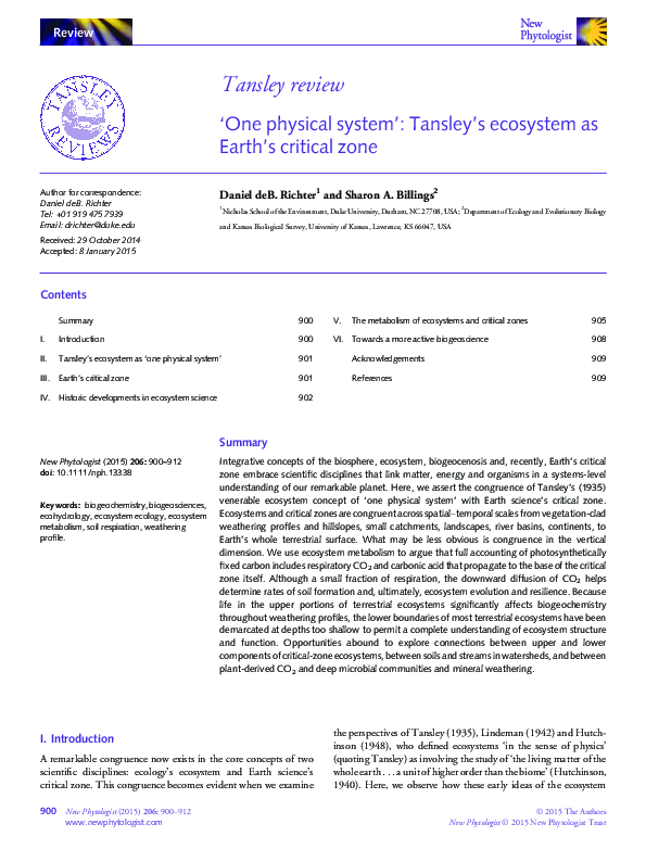 (PDF) One physical system': Tansley's ecosystem as Earth's critical zone