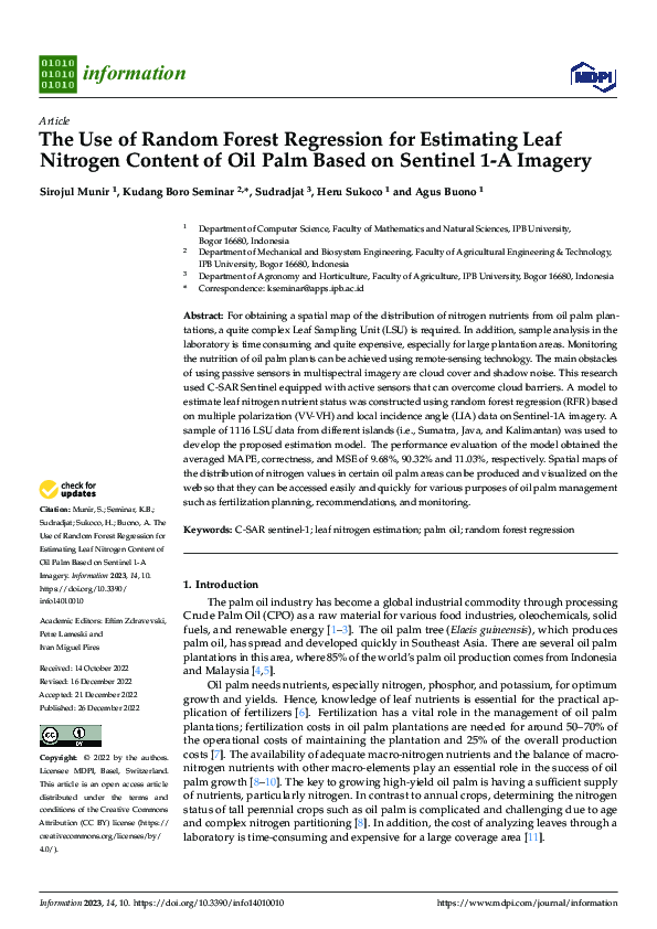 Pdf The Use Of Random Forest Regression For Estimating Leaf Nitrogen Content Of Oil Palm Based