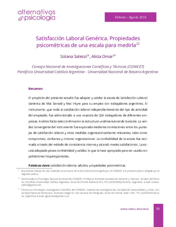 (PDF) Satisfacción Laboral Genérica. Propiedades psicométricas de una ...