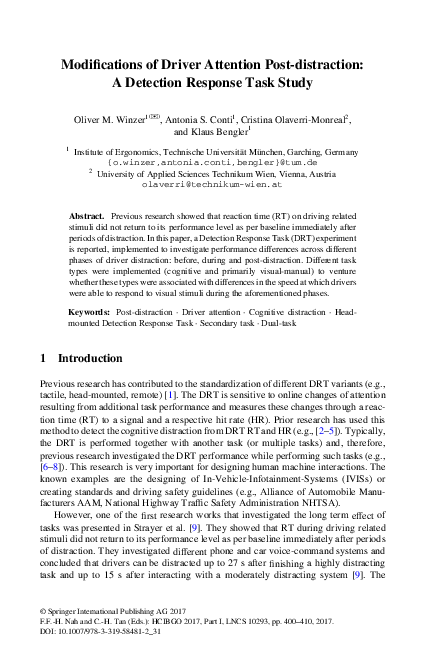 (PDF) Modifications of Driver Attention Post-distraction: A Detection Response Task Study