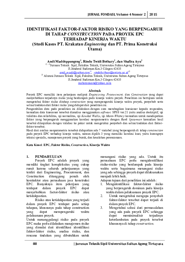 (PDF) Identifikasi Faktor-Faktor Resiko Yang Berpengaruh DI Tahap Construction Pada Proyek Epc ...