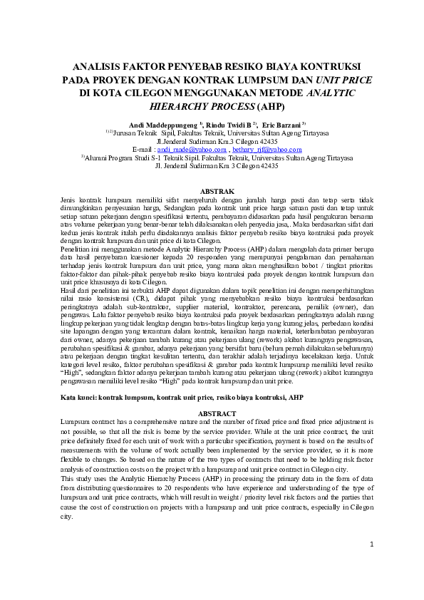 (DOC) Analisis Faktor Penyebab Resiko Biaya Kontruksi Pada Proyek Dengan Kontrak Lumpsum Dan ...
