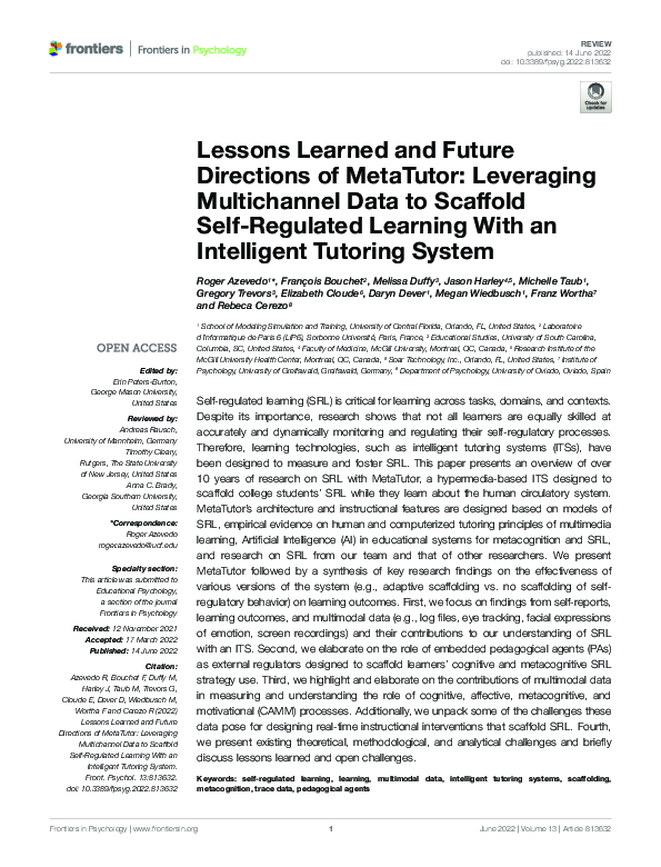 (PDF) Lessons Learned and Future Directions of MetaTutor: Leveraging Multichannel Data to ...