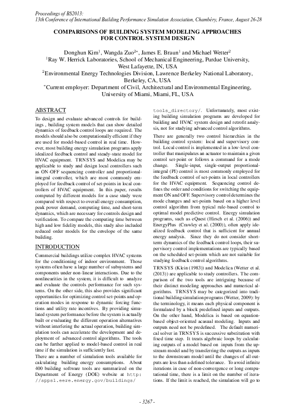(PDF) Comparisons Of Building System Modeling Approaches For Control System Design