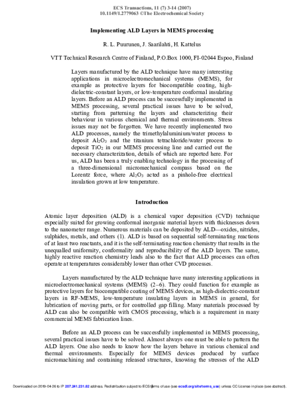 (PDF) Implementing ALD Layers in MEMS Processing