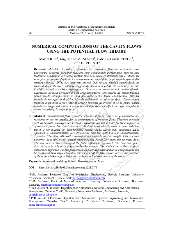Pdf Numerical Computations Of The Cavity Flows Using The Potential 2849