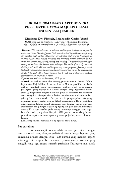 (PDF) Hukum Permainan Capit Boneka Perspektif Fatwa Majelis Ulama ...