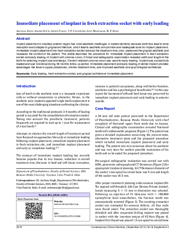 (PDF) Immediate placement of implant in fresh extraction socket with early loading