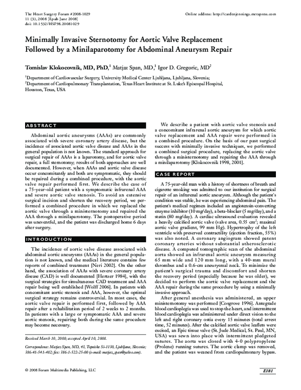 (PDF) Minimally Invasive Sternotomy for Aortic Valve Replacement ...