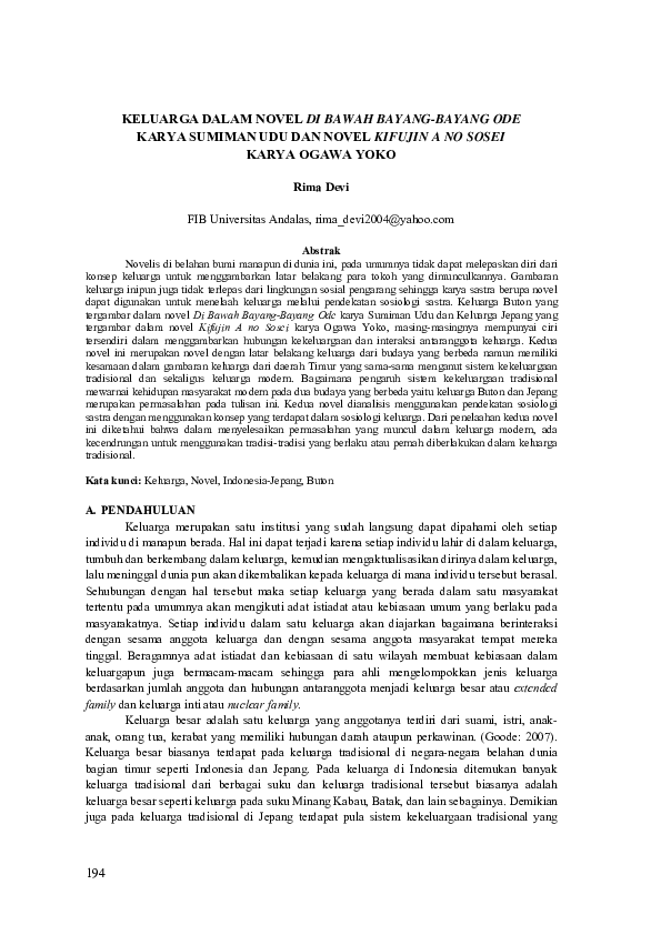 (PDF) Keluarga dalam Novel di Bawah Bayang-Bayang Ode Karya Sumiman Udu dan Novel Kifujin A No ...