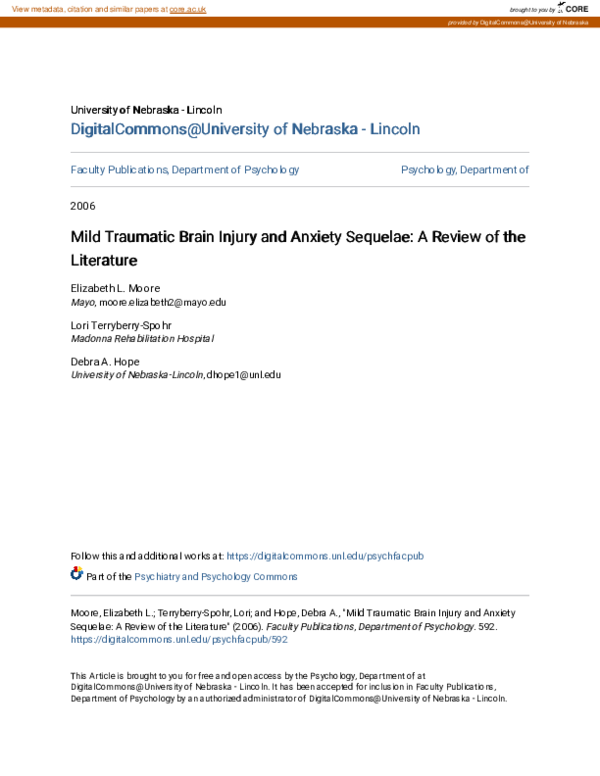 (PDF) Mild traumatic brain injury and anxiety sequelae: A review of the literature