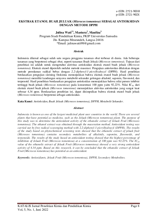 (PDF) Ekstrak Etanol Buah Jeluak (Microcos Tomentosa) sebagai ...