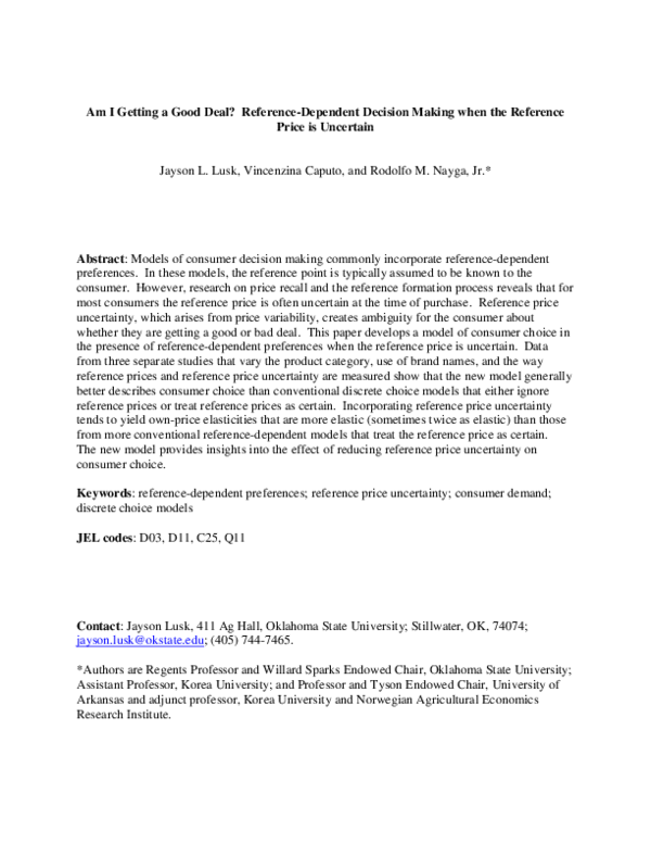 (PDF) Am I Getting a Good Deal? Reference‐DependentDecision Making When ...