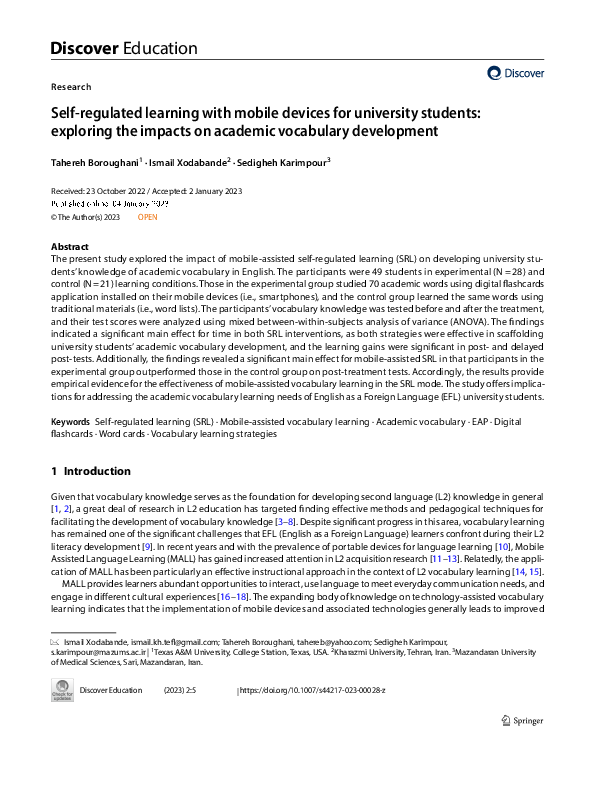 (PDF) Self-regulated learning with mobile devices for university students: exploring the impacts ...