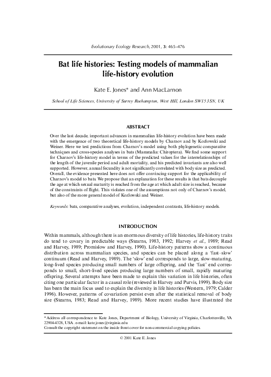 (PDF) Bat life histories: testing models of mammalian life-history ...