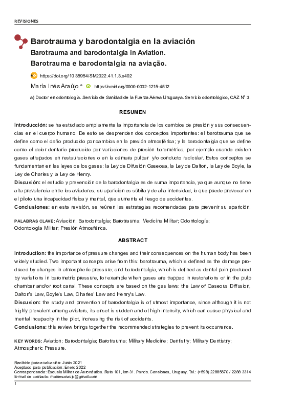 (PDF) Barotrauma y barodontalgia en la aviación