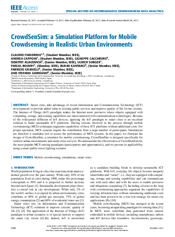 (PDF) CrowdSenSim: a Simulation Platform for Mobile Crowdsensing in Realistic Urban Environments