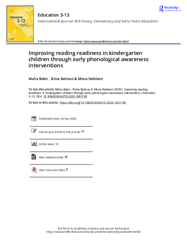 (PDF) Improving reading readiness in kindergarten children through early phonological awareness ...