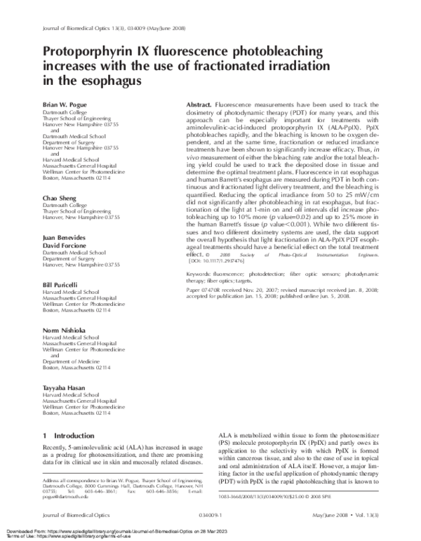 (PDF) Protoporphyrin IX fluorescence photobleaching increases with the ...