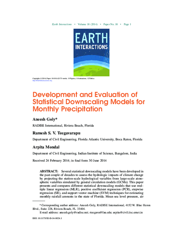 Pdf Development And Evaluation Of Statistical Downscaling Models For Monthly Precipitation