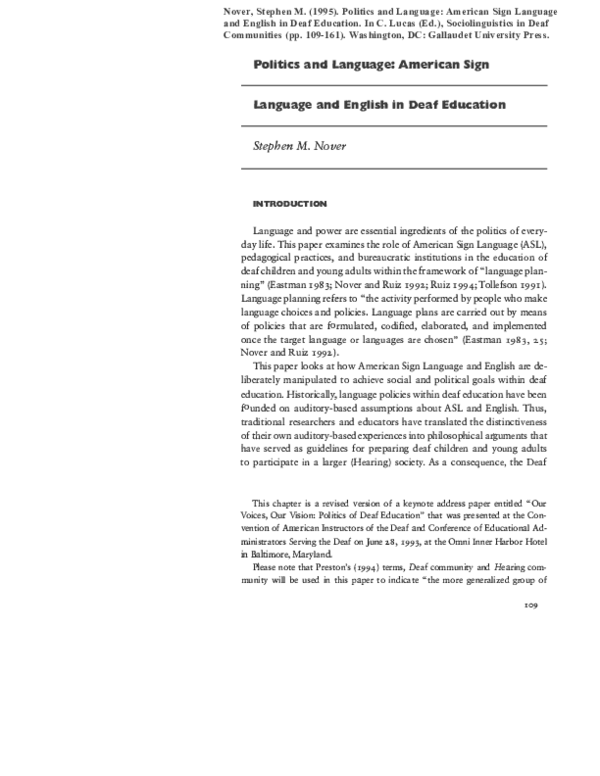 (PDF) Politics and language: American Sign Language and English in deaf ...