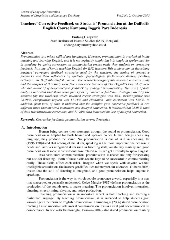 (PDF) Teachers’ Corrective Feedback on Students’ Pronunciation at the ...