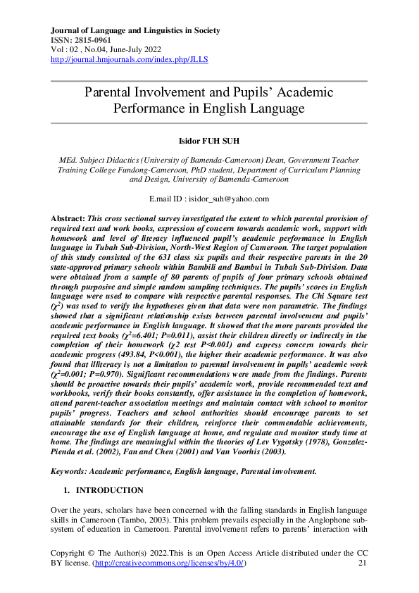 (PDF) Parental Involvement and Pupils’ Academic Performance in English Language