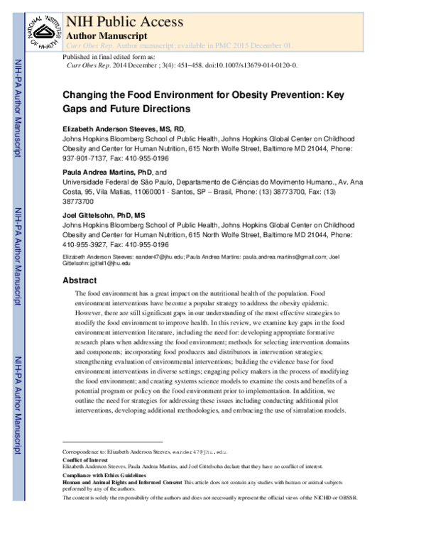 (PDF) Changing the Food Environment for Obesity Prevention: Key Gaps ...