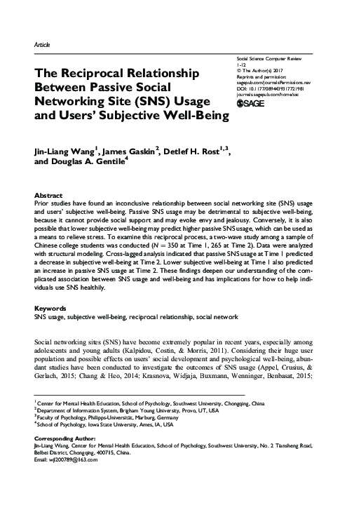 Pdf The Reciprocal Relationship Between Passive Social Networking