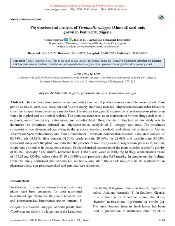 (PDF) Physicochemical analysis of Terminalia catappa (Almond) seed nuts grown in Benin city ...