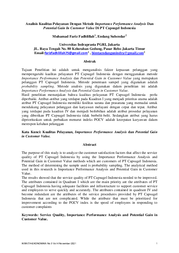 (PDF) Analisis Kualitas Pelayanan Dengan Metode Importance Performance Analysis Dan Potential ...