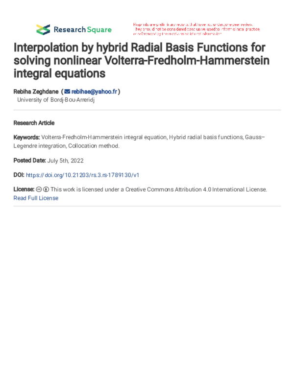 (PDF) Interpolation by hybrid Radial Basis Functions for solving nonlinear Volterra-Fredholm ...