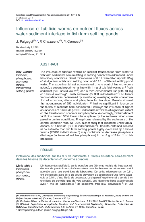 (PDF) Influence of tubificid worms on nutrient fluxes across water-sediment interface in fish ...