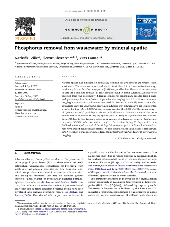 (PDF) Phosphorus removal from wastewater by mineral apatite