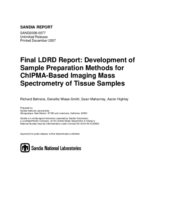 (PDF) Final LDRD report : development of sample preparation methods for ChIPMA-based imaging ...