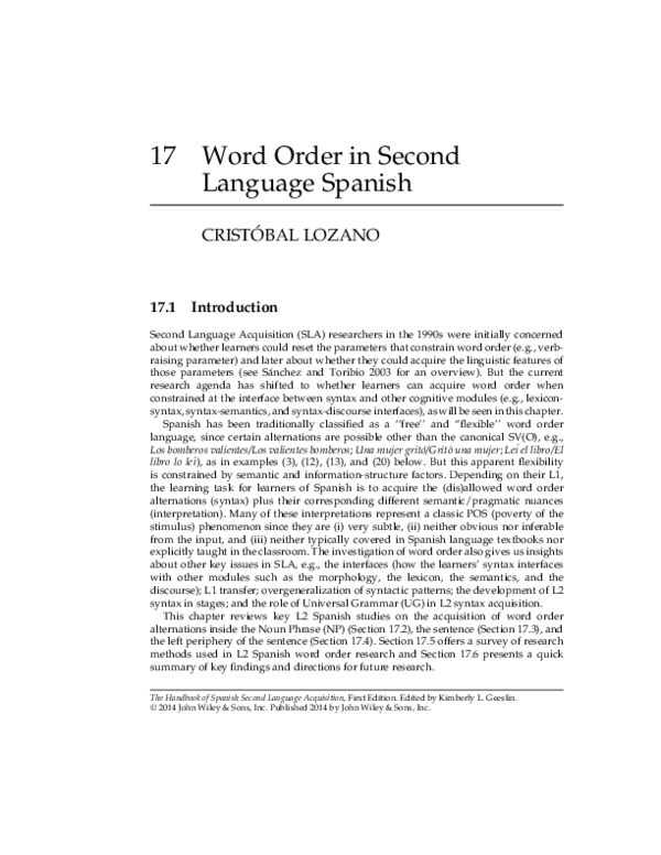 (PDF) Word order in second language Spanish