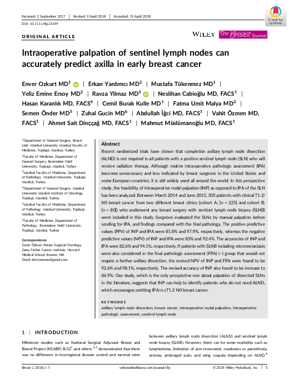 (PDF) Intraoperative palpation of sentinel lymph nodes can accurately predict axilla in early ...