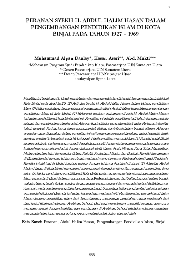 (PDF) Peranan Syekh H. Abdul Halim Hasan Dalam Pengembangan Pendidikan Islam DI Kota Binjai Pada ...
