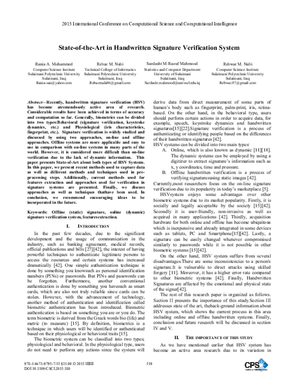Pdf State Of The Art In Handwritten Signature Verification System