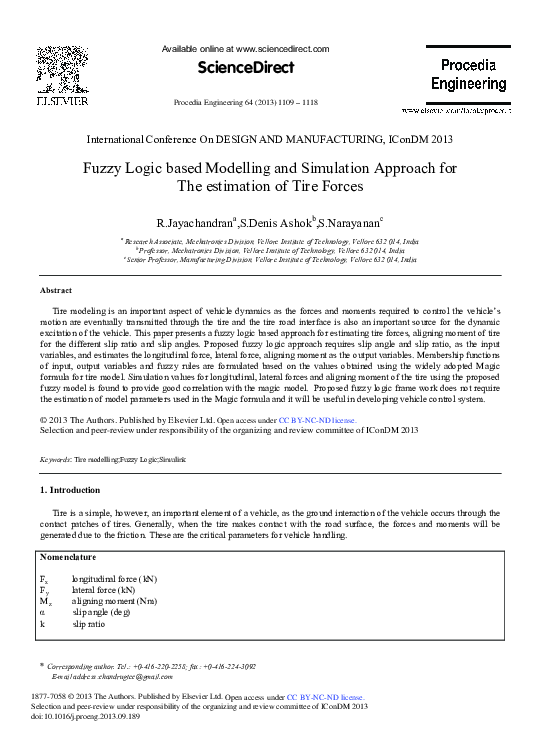 (PDF) Fuzzy Logic based Modelling and Simulation Approach for the estimation of Tire Forces