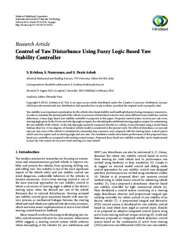 (PDF) Control of Yaw Disturbance Using Fuzzy Logic Based Yaw Stability ...