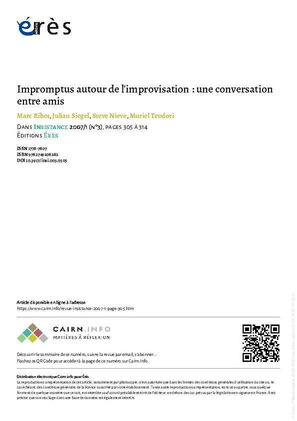 (PDF) Impromptus autour de l'improvisation : une conversation entre ...