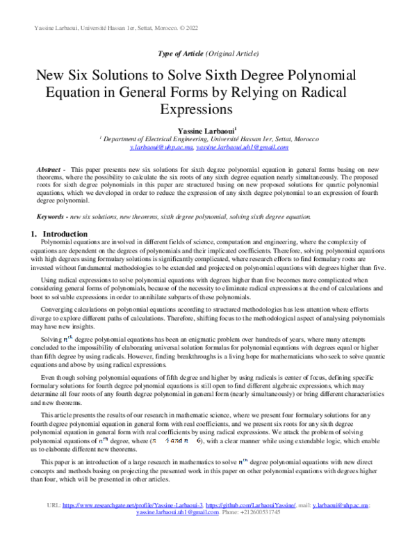 (PDF) New Six Solutions to Solve Sixth Degree Polynomial Equation in ...
