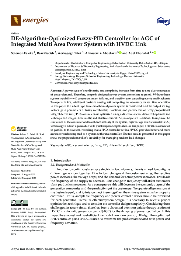 Pdf De Algorithm Optimized Fuzzy Pid Controller For Agc Of Integrated Multi Area Power System