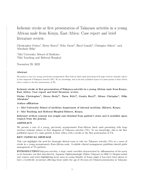 (PDF) Ischemic stroke at first presentation of Takayasu arteritis in a young African male from ...