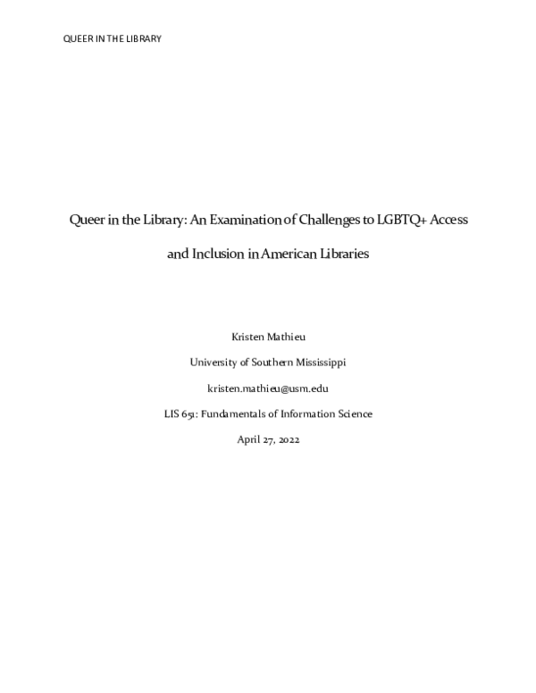 (PDF) Queer in the Library: An Examination of Challenges to LGBTQ+ Access and Inclusion in ...
